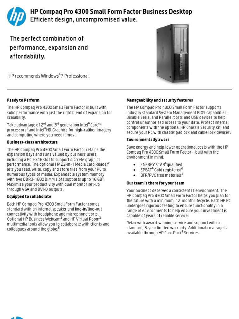 HP Compaq Pro 4300 Small Form Factor Business Desktop | PDF | Windows 7 ...