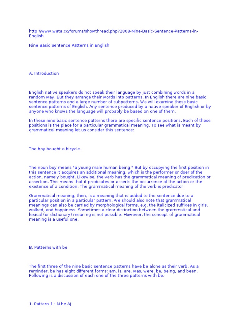 Nine Basic Sentence Patterns in English | PDF | Verb | Adjective