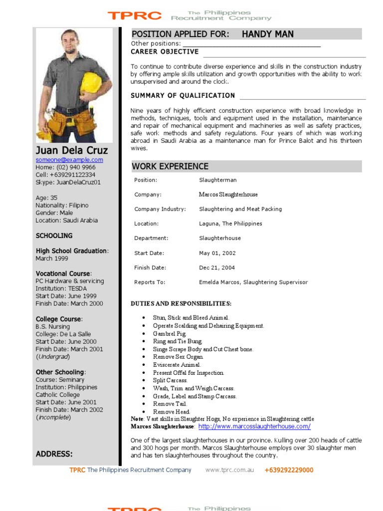 Western Resume Example | PDF | Slaughterhouse | Industries