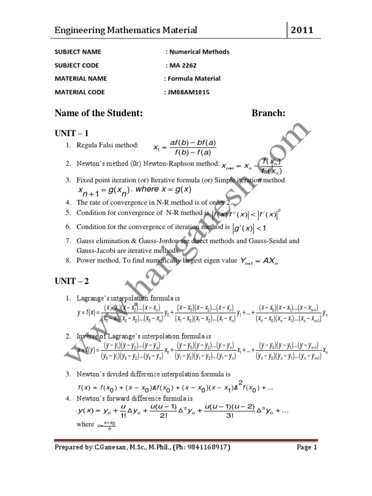 Numerical Methods Formula Material | PDF | Numerical Analysis | Finite ...