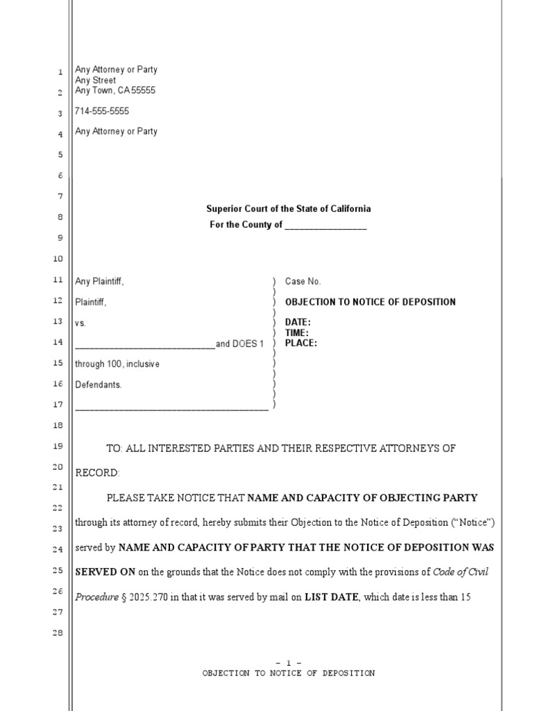 Sample Objection To Deposition Notice in California | PDF | Deposition ...
