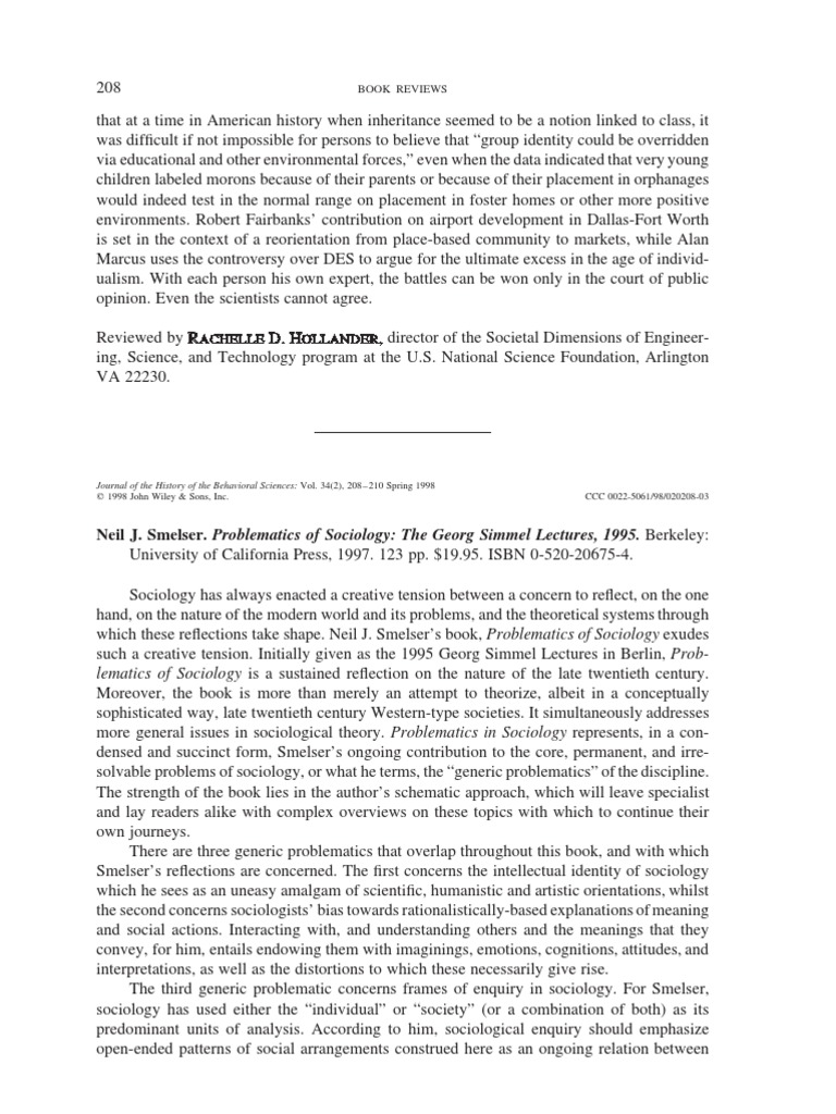 Neil J. Smelser. Problematics of Sociology: The Georg Simmel Lectures ...