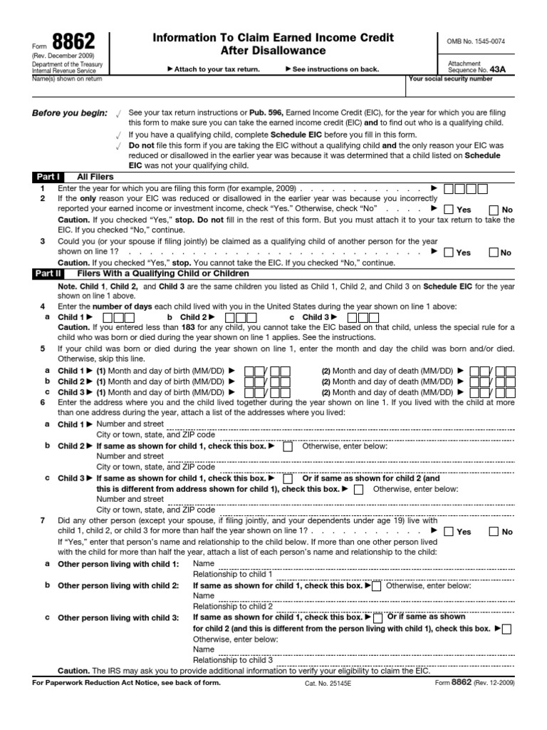Form 8862 | Download Free PDF | Earned Income Tax Credit | Government ...