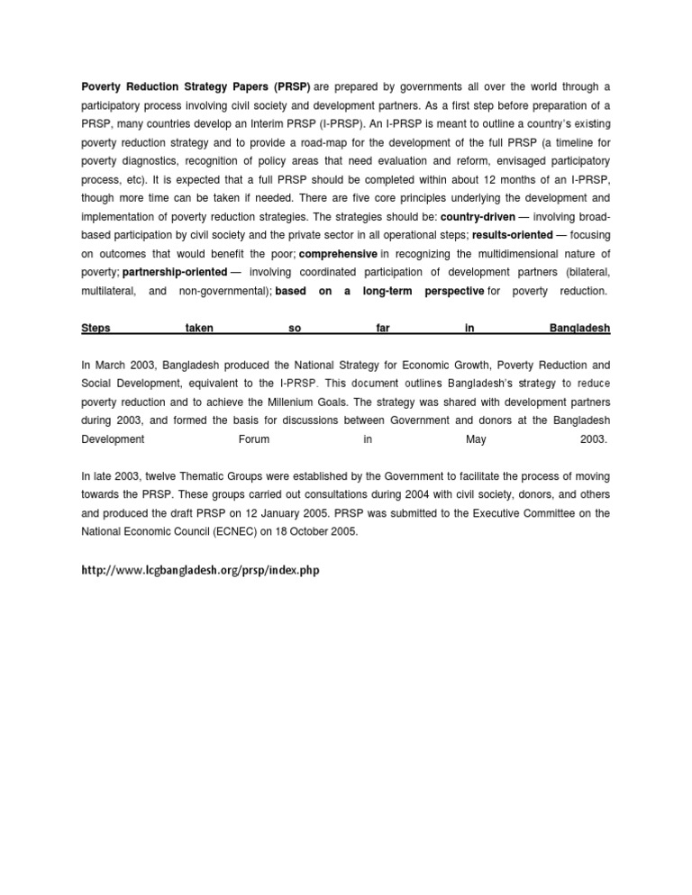 Poverty Reduction Strategy Papers (PRSP) Are Prepared by Governments All Over The World Through ...