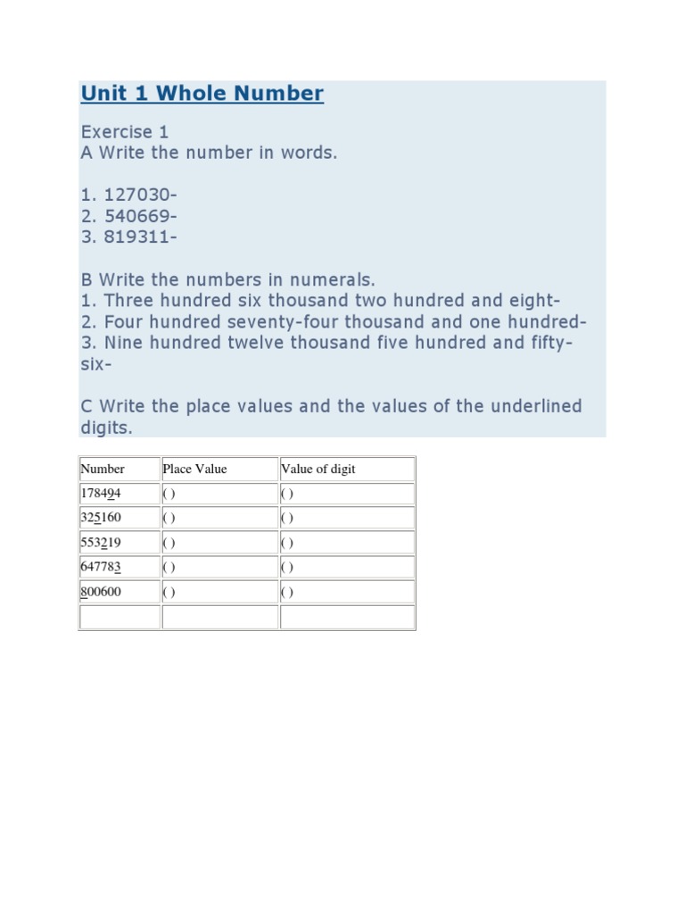 Unit 1 Whole Number Exercise | PDF | Lexicology | Fraction (Mathematics)