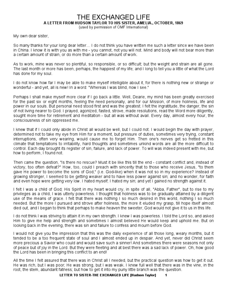 Letter To Sister-The Exchanged Life (Hudson Taylor) | PDF | Sin | Jesus
