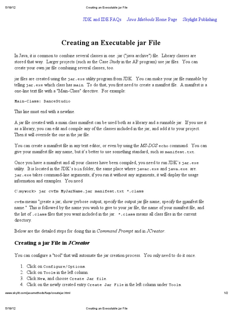 Create Executable JAR Files in Java | PDF