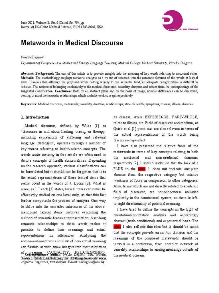 Metawords in Medical Discourse | PDF | Suffering | Semantics