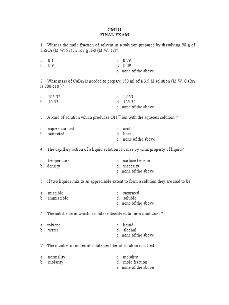 Chemistry Final Exam | PDF | Solution | Solubility