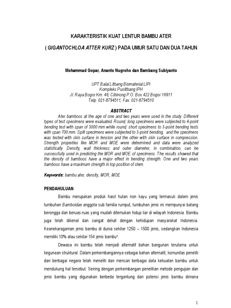 Karakteristik Kuat Lentur Bambu Ater (Gigantochloa Atter Kurz) Pada ...