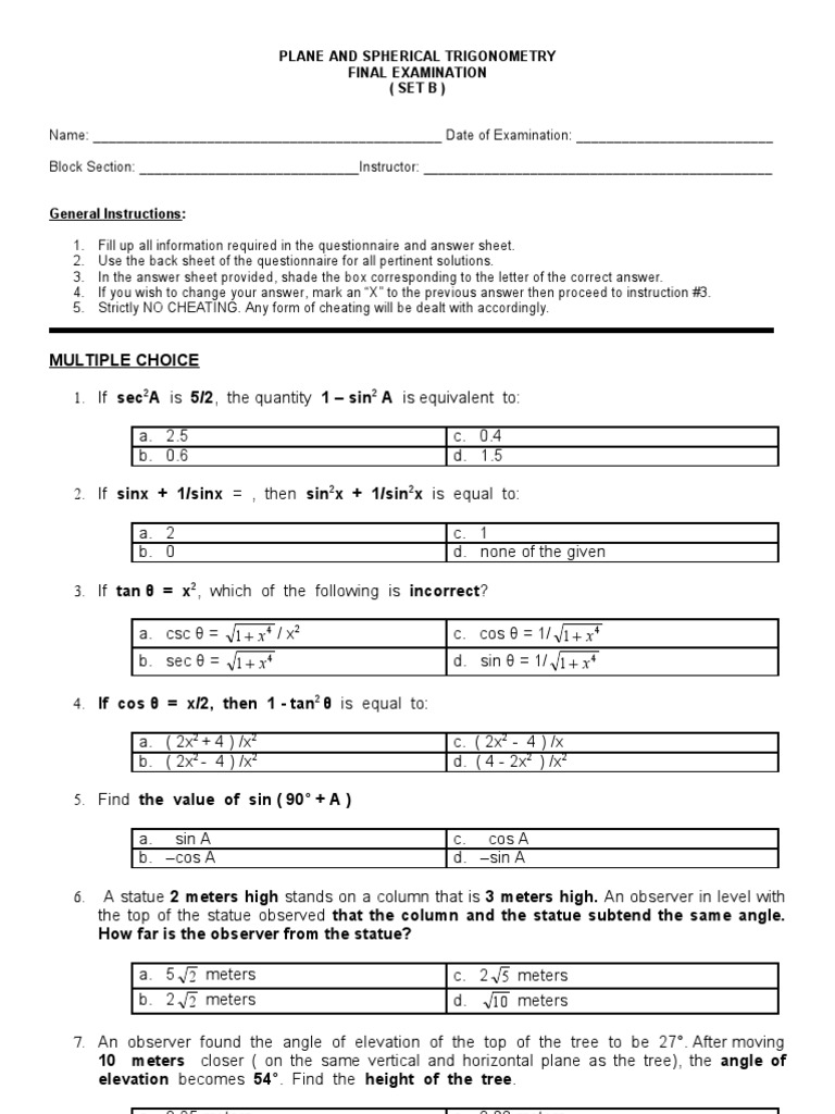 Final Exam in Trigo | PDF | Trigonometric Functions | Sine