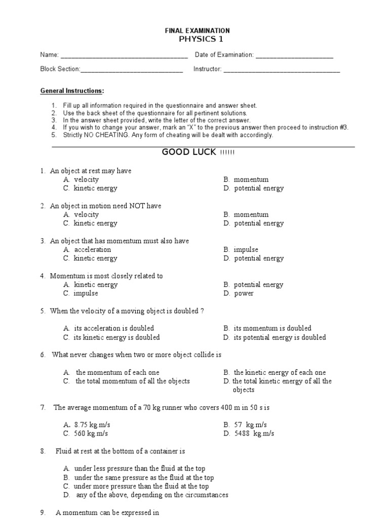 Final Exam in Physics | PDF | Buoyancy | Momentum