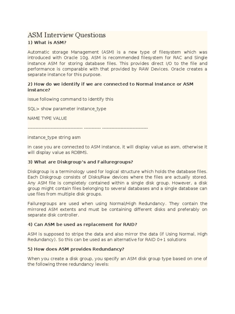 Asm Interview | PDF | Oracle Database | Computer File