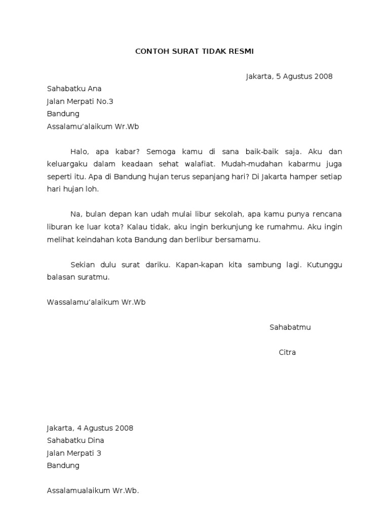 Contoh Surat Tidak Resmi | PDF