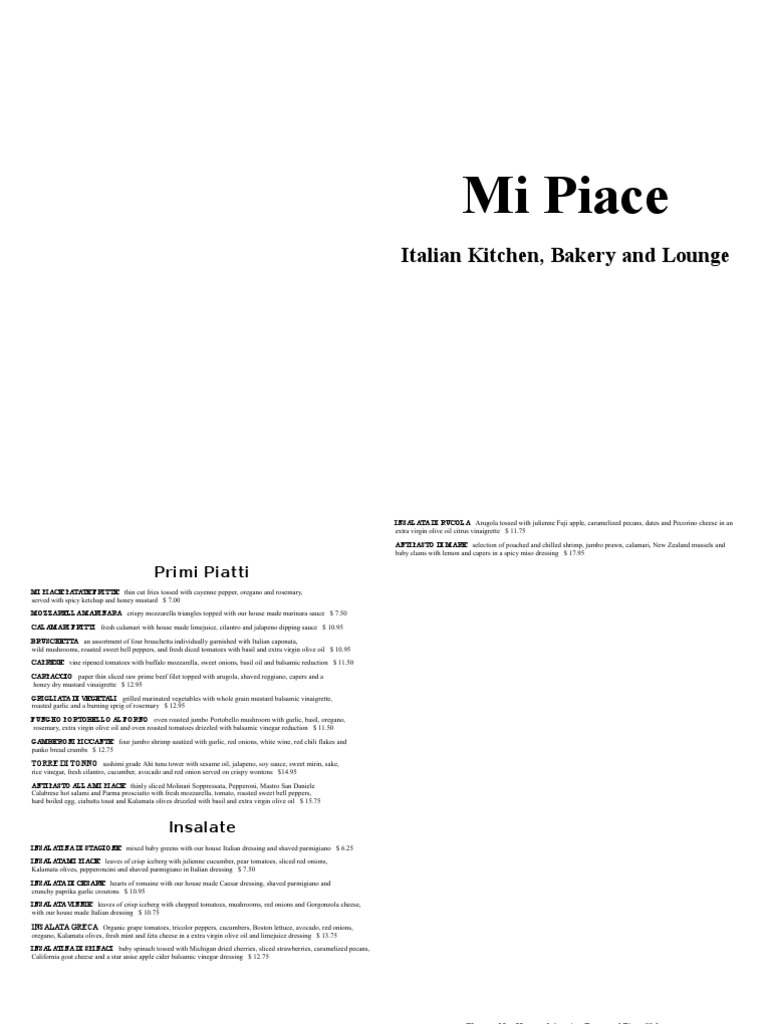 Mi Piace: Italian Kitchen, Bakery and Lounge | PDF | Pizza | Salad