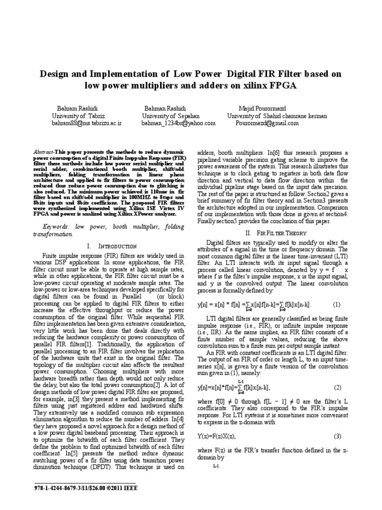 8.design and Implementation of Low Power Digital FIR Filter Based On Low Power Multipliers and ...