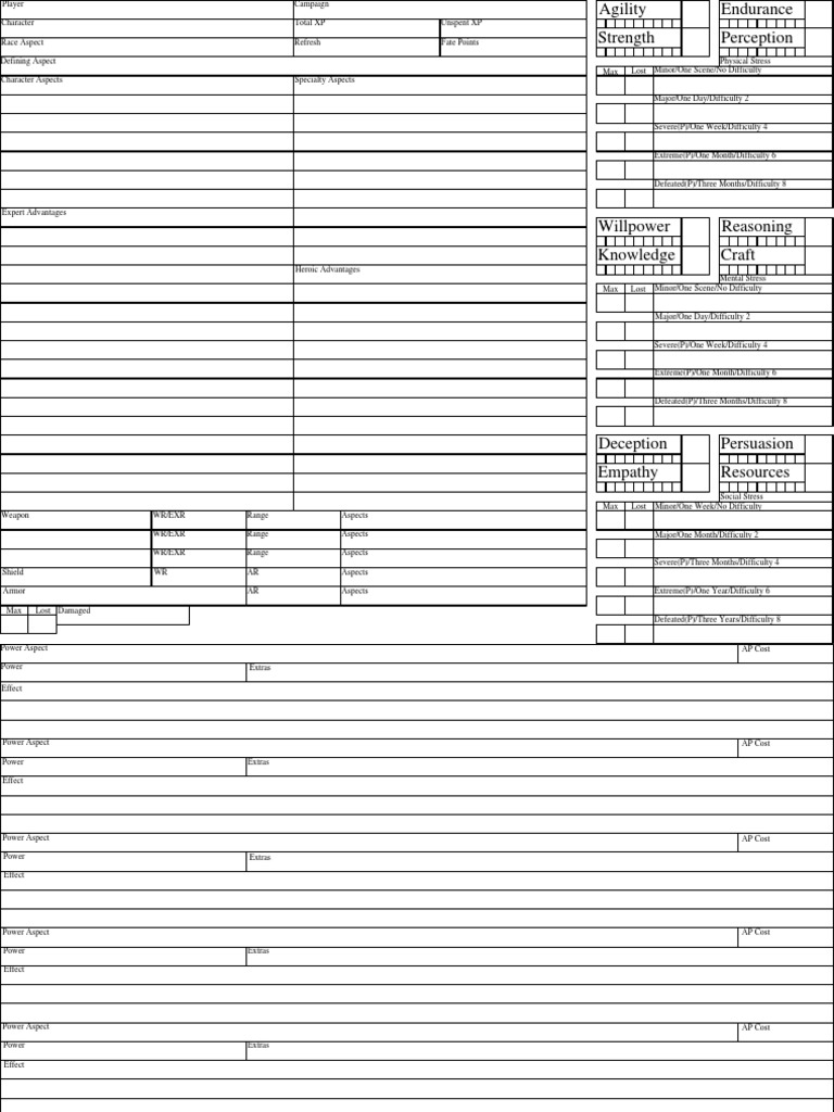 Fate Rpg Character Sheet Form Fillable - Printable Forms Free Online