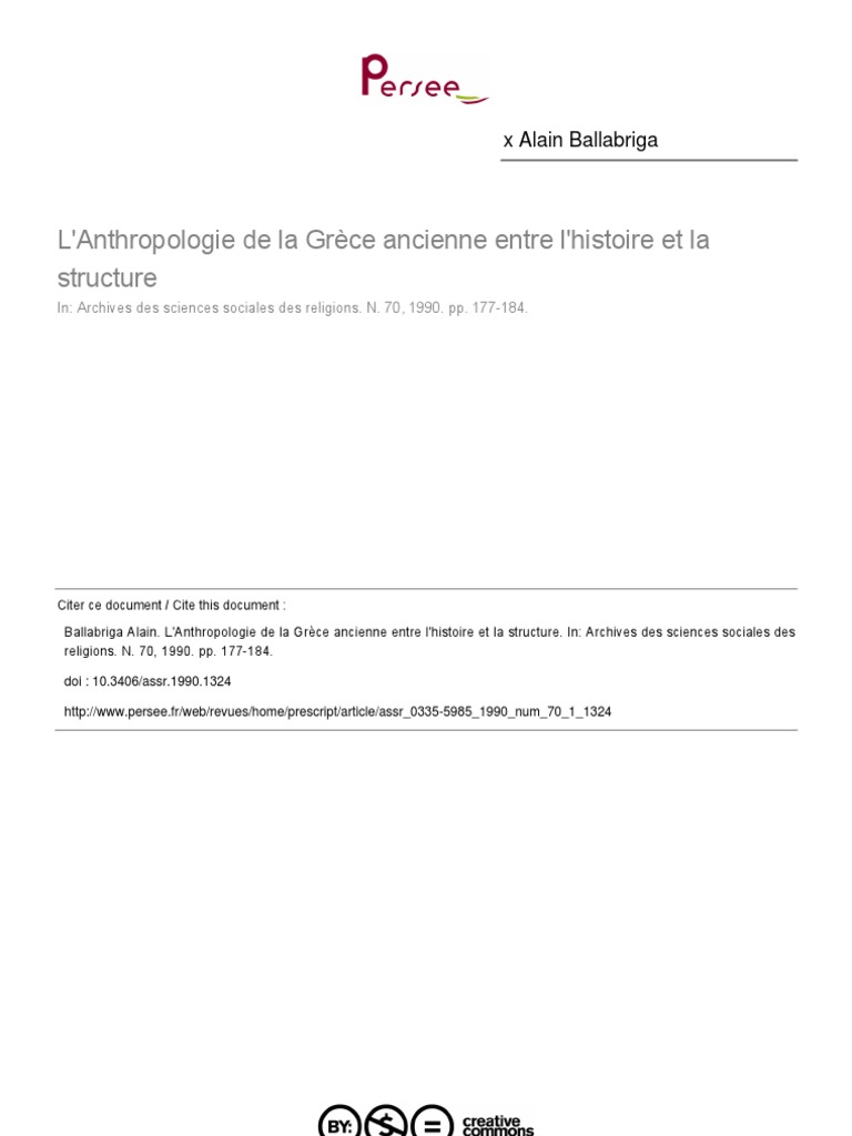 L'Anthropologie de La Grèce Ancienne Entre L'histoire Et La Structure ...