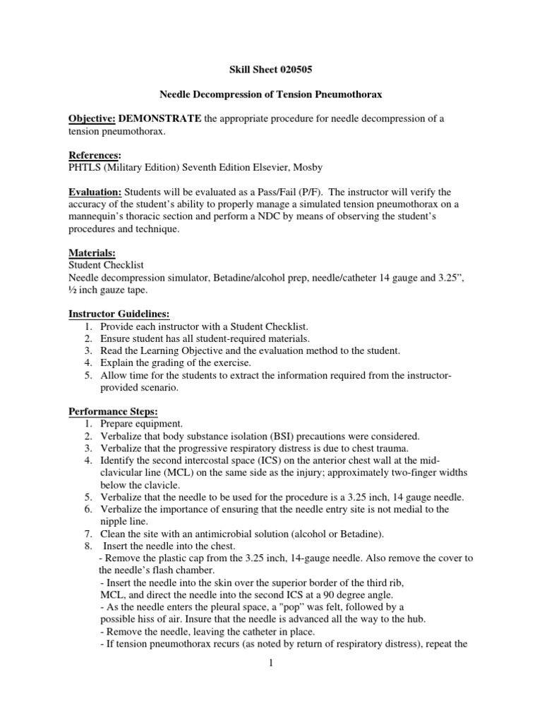 020505 Needle Decompression Skill Sheet 120917 | Thorax | Medicine