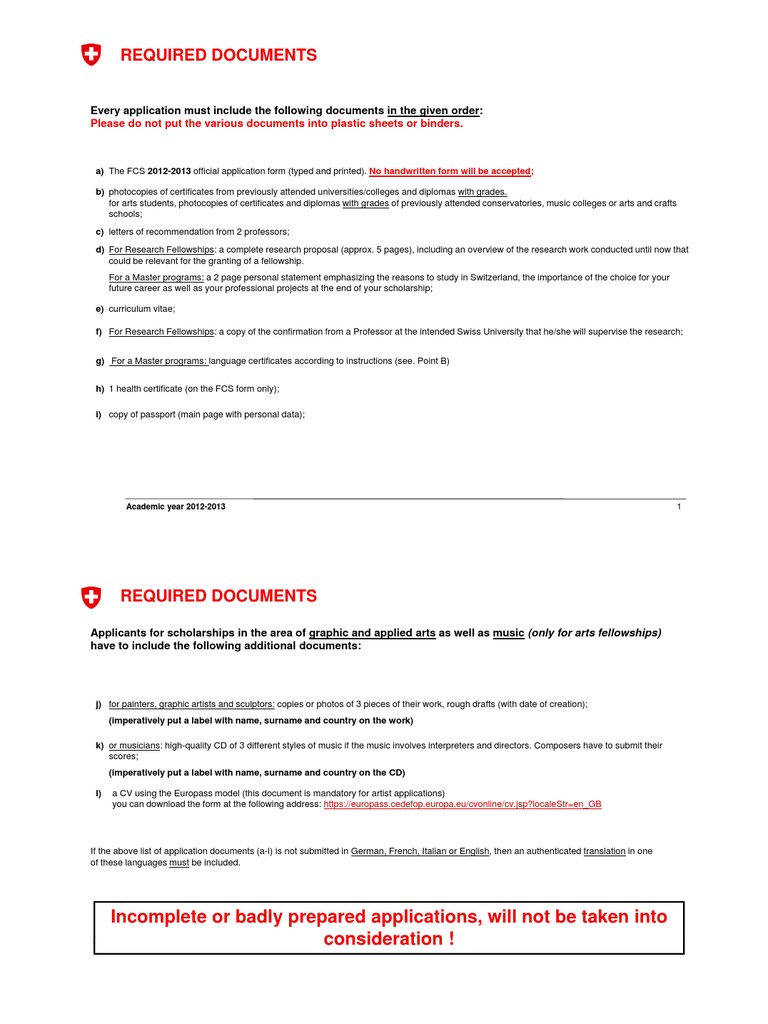 Documents Required | PDF | Switzerland | Academia