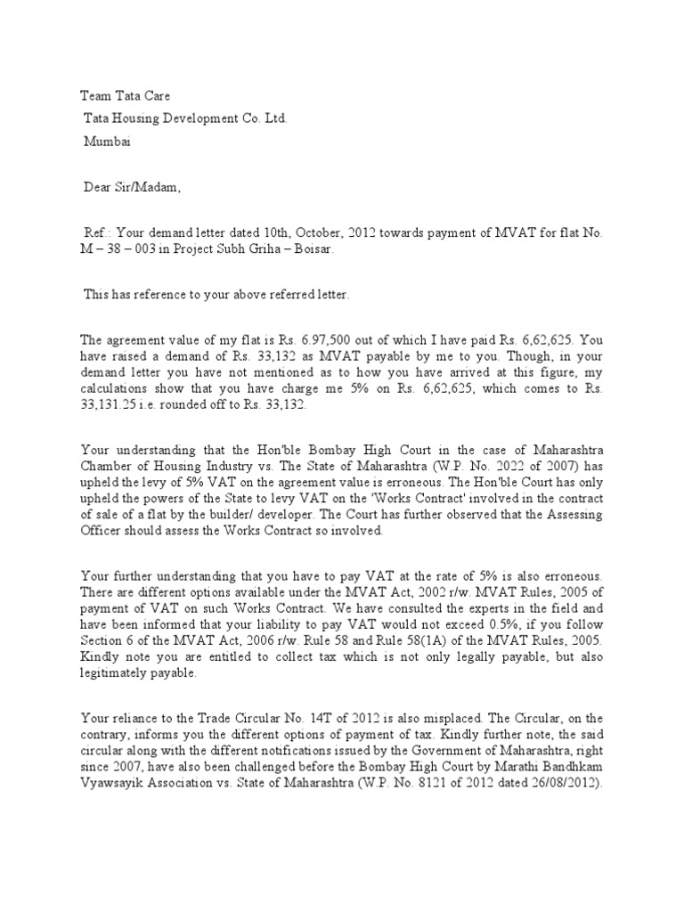 Letter To Builder For VAT | Download Free PDF | Value Added Tax | Invoice