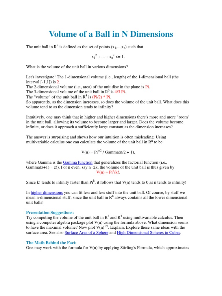 High-Dimensional Ball Volumes | PDF | Volume | Pi