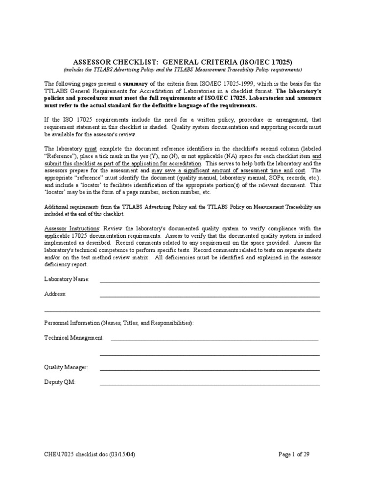 ISO 17025 Checklist | PDF | Calibration | Metrology