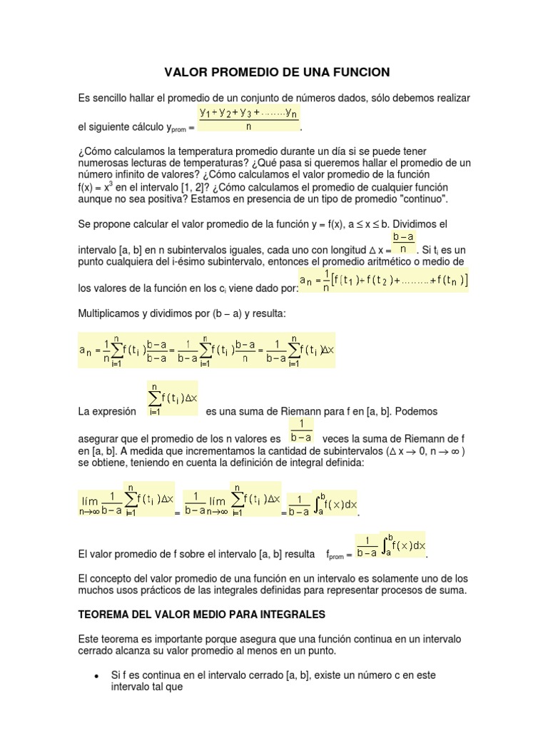 Valor Promedio de Una Funcion | PDF | Integral | Función (Matemáticas)