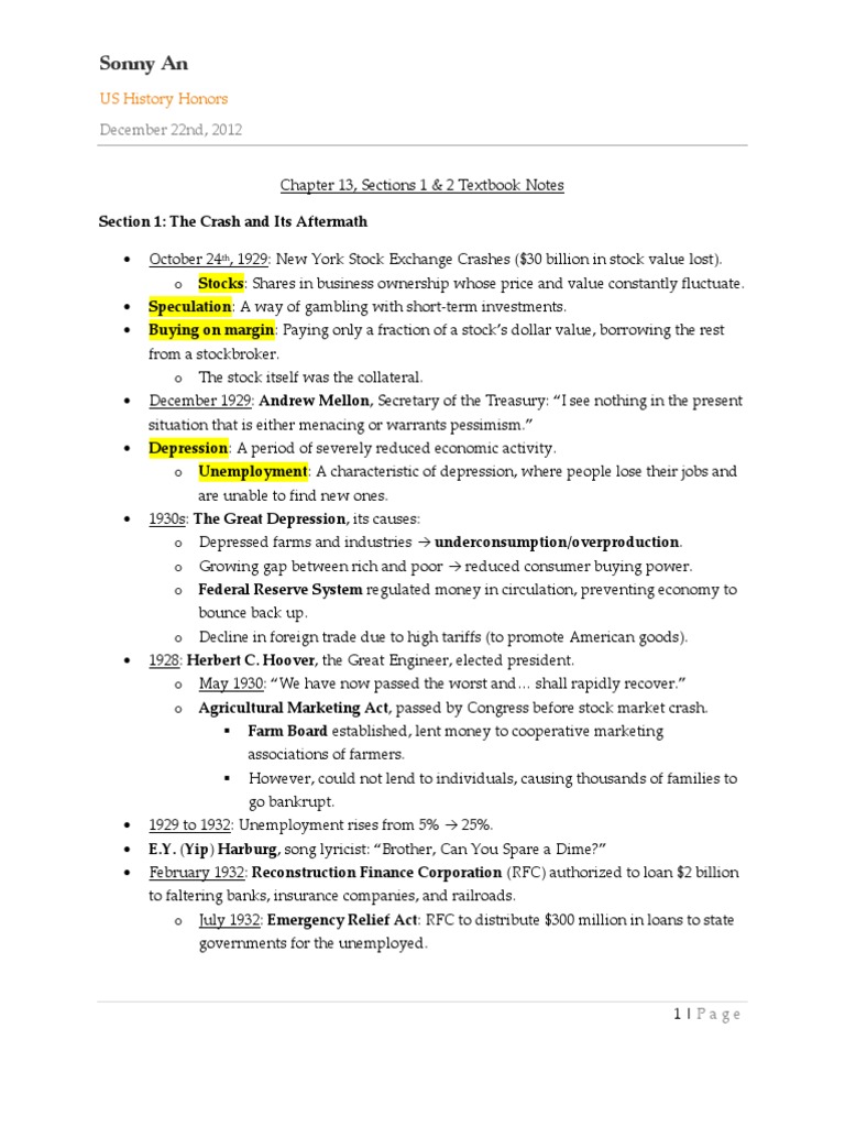 Chapter 13, Sections 1 & 2 Textbook Notes | PDF | Great Depression ...