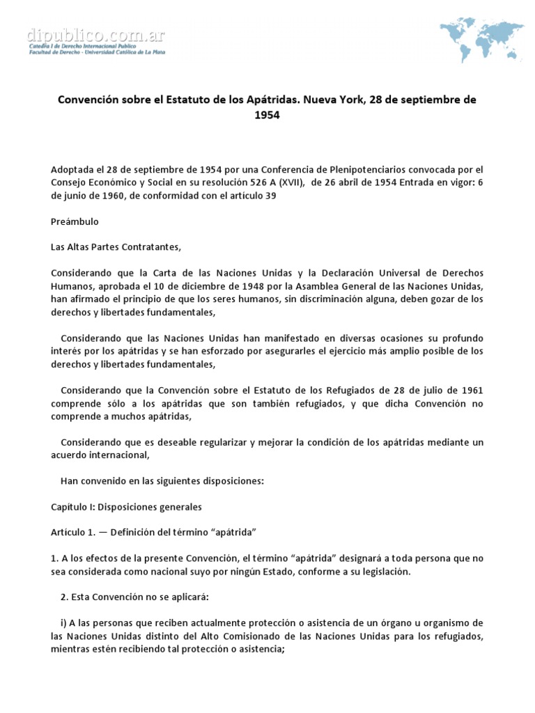 Convención Sobre El Estatuto de Los Apátridas. Nueva York, 28 de ...