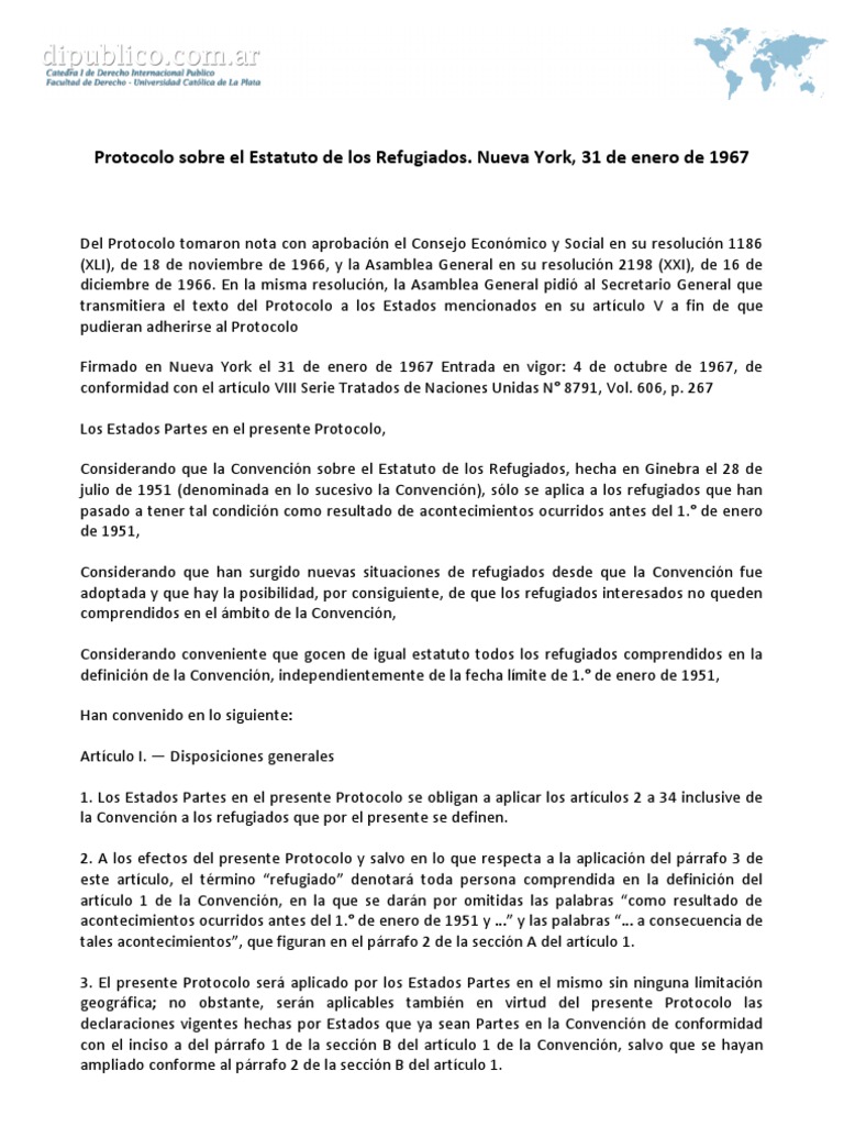 Protocolo Sobre El Estatuto de Los Refugiados. Nueva York, 31 de Enero ...