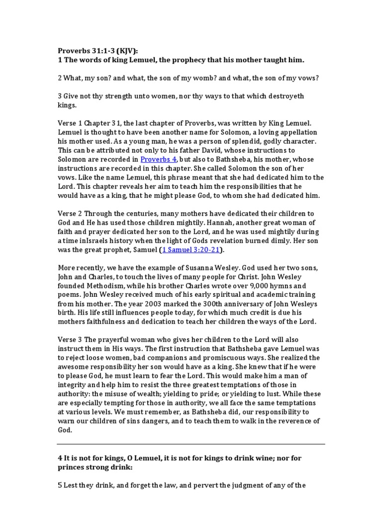 Proverbs 31:1-3 (KJV) : 1 The Words of King Lemuel, The Prophecy That ...
