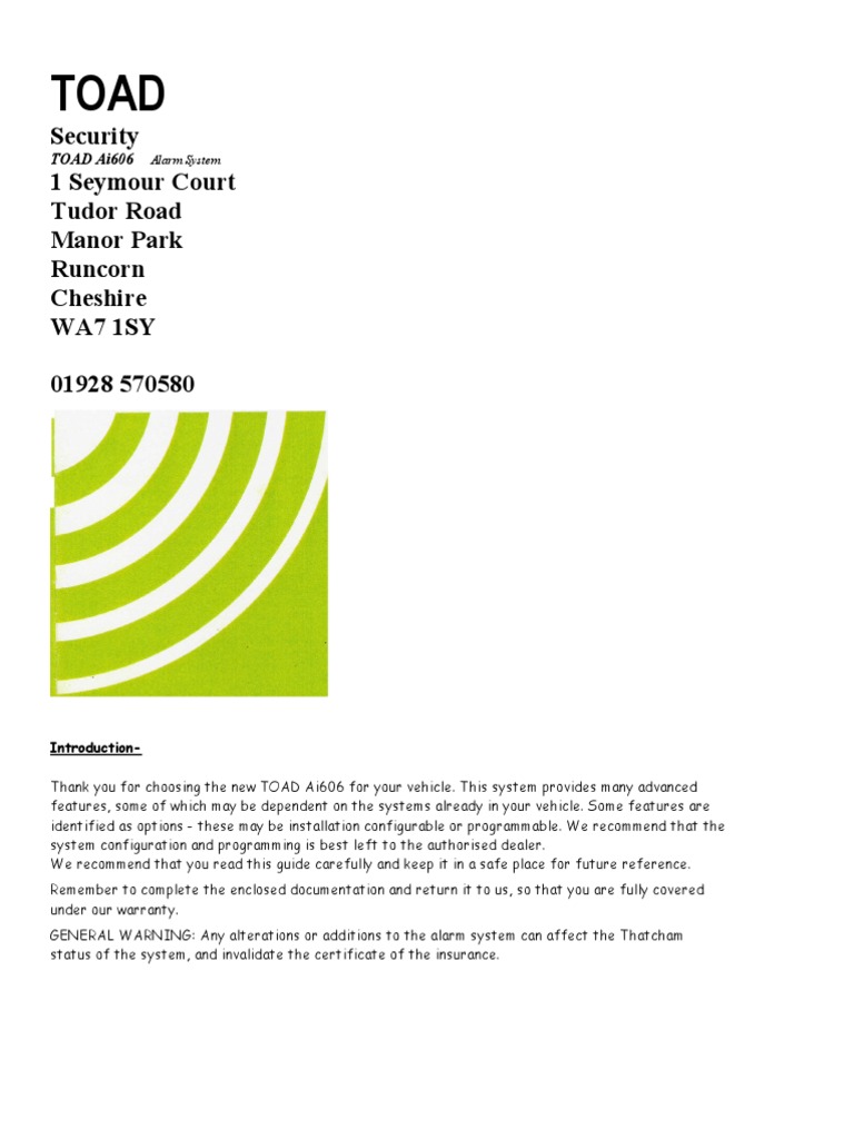 Toad Alarm | PDF | Ignition System | Personal Identification Number