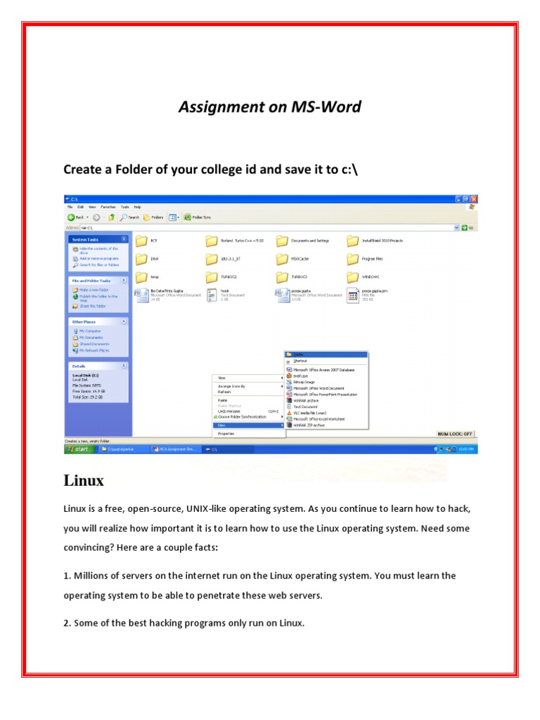 Assignment On MS-Word: Create A Folder of Your College Id and Save It ...