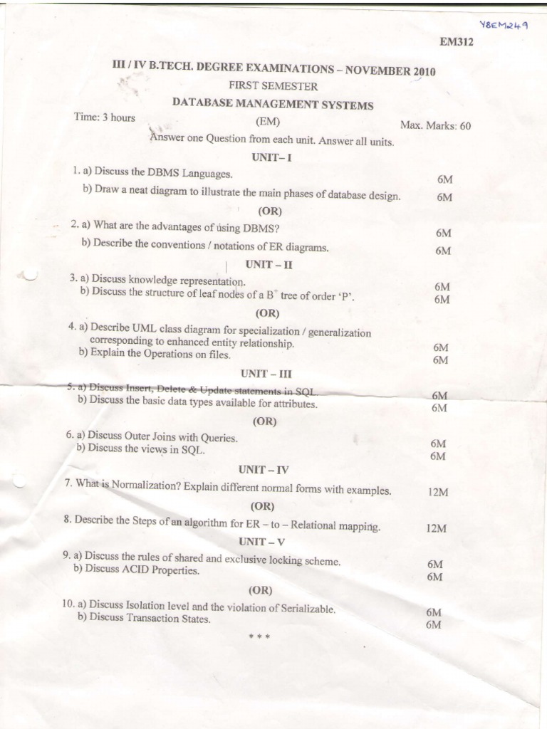 Dbms Model Question Papers | PDF | Data Model | Databases