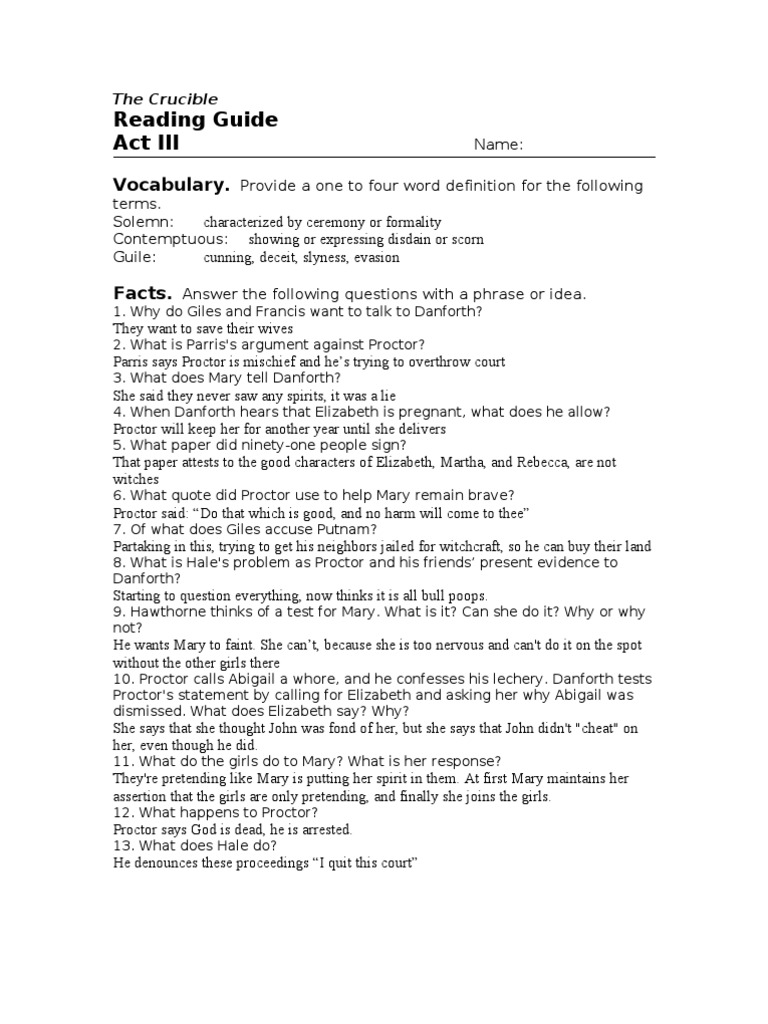 Act III Crucible Study Guide Questions | PDF | Philosophy