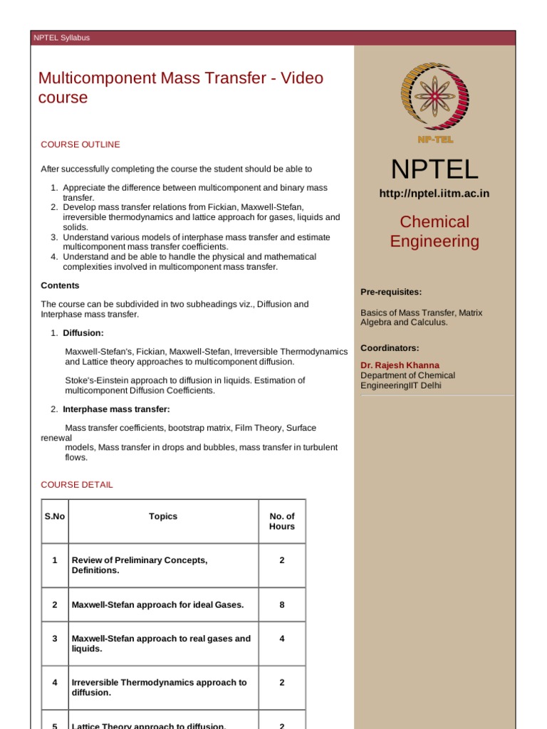 Nptel: Multicomponent Mass Transfer - Video Course | PDF | Diffusion ...