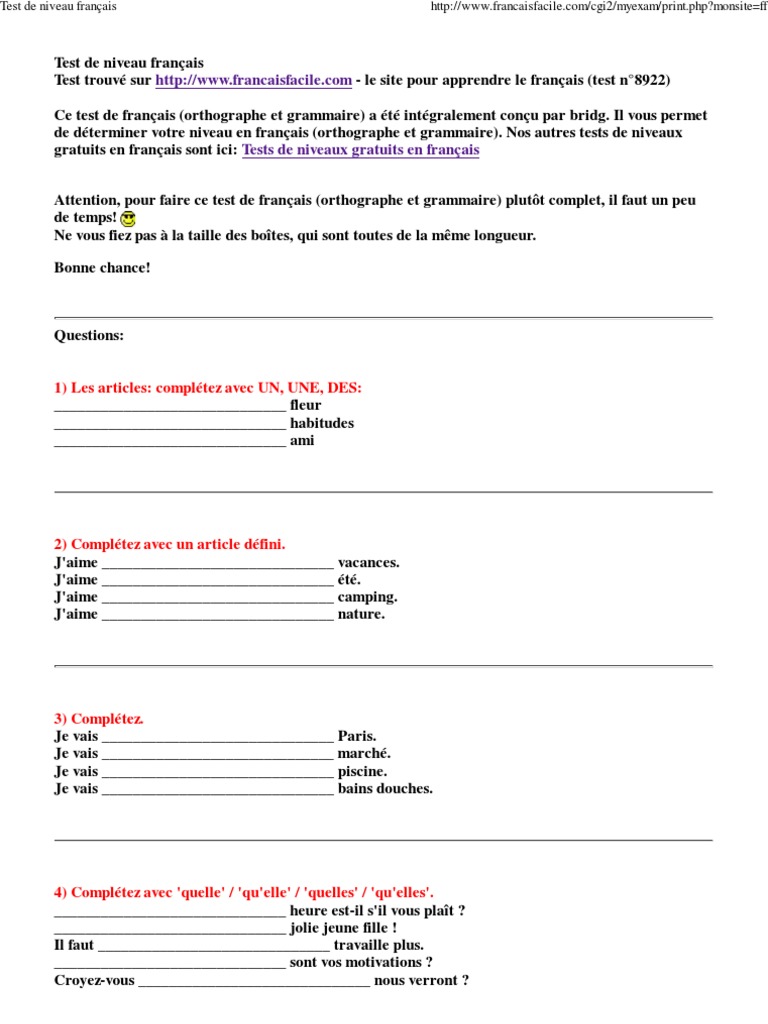 Test de Niveau Français | PDF | Nombre grammatical | Nom (grammaire)