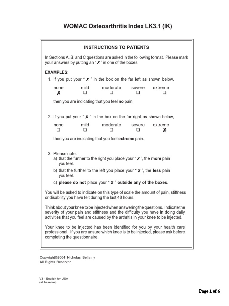 2008 4404b1 05 WOMAC Questionnaire | Osteoarthritis | Pain
