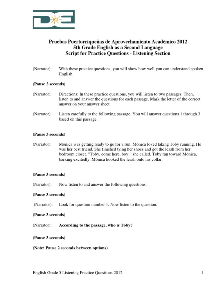 Pruebas Puertorriqueñas de Aprovechamiento Académico 2012 5th Grade English As A Second Language ...