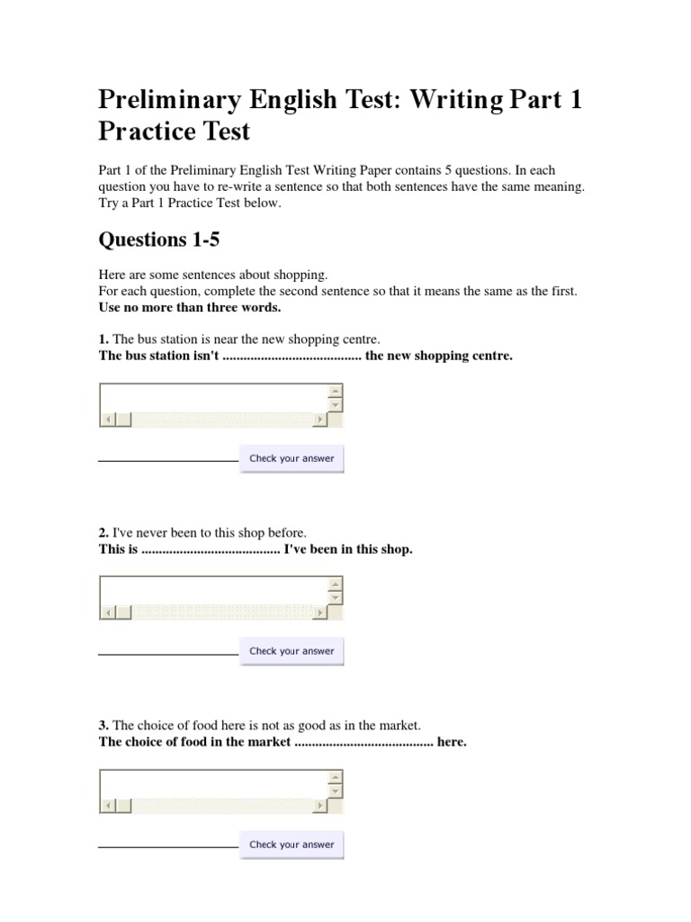 Preliminary English Test: Writing Part 1 Practice Test: Questions 1-5 | PDF