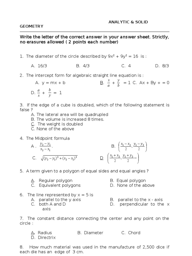 Analytic and Solid Geom Exam | PDF | Circle | Differential Geometry
