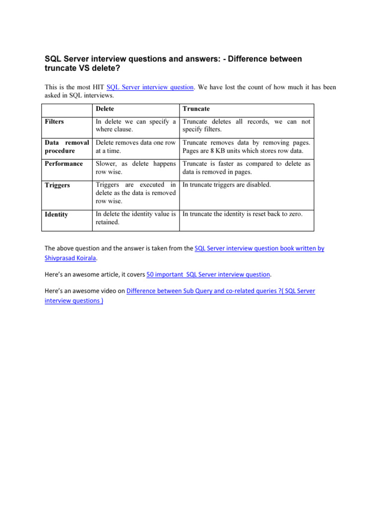SQL Server Interview Questions and Answers: - Difference Between Truncate VS Delete? | PDF