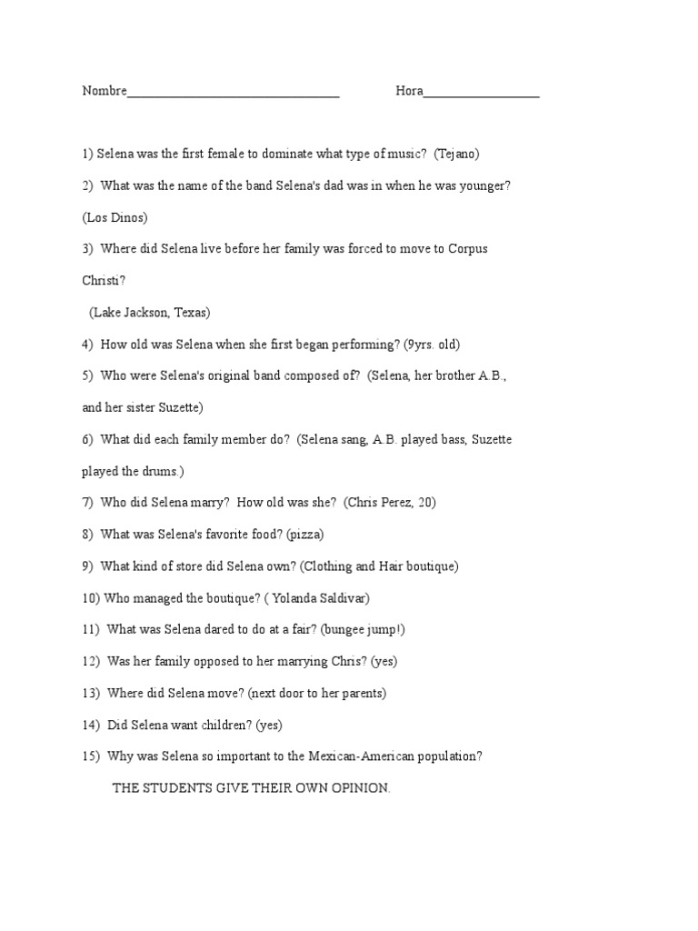 Answer To The Questions For The Selena Movie | PDF | American Musicians ...