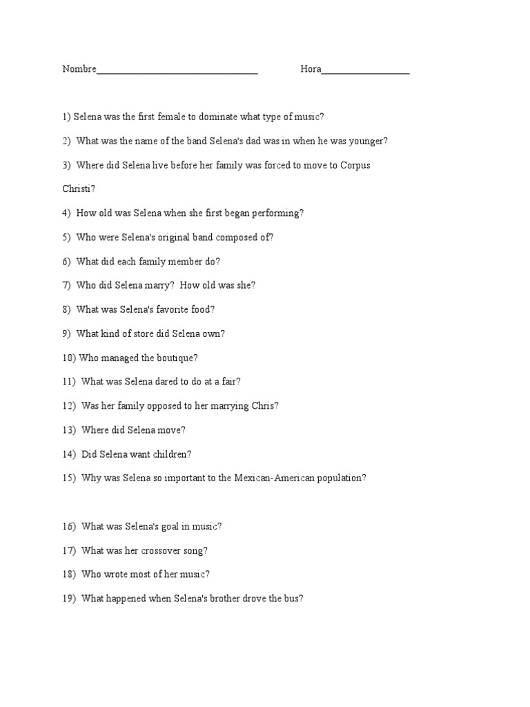 Questions For The Movie Selena | PDF
