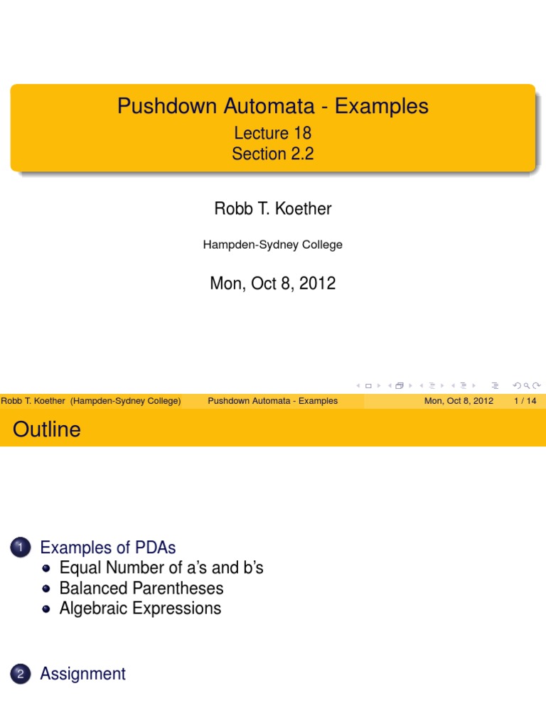 Pushdown Automata - Examples: Section 2.2 | PDF | Automata Theory | Theoretical Computer Science