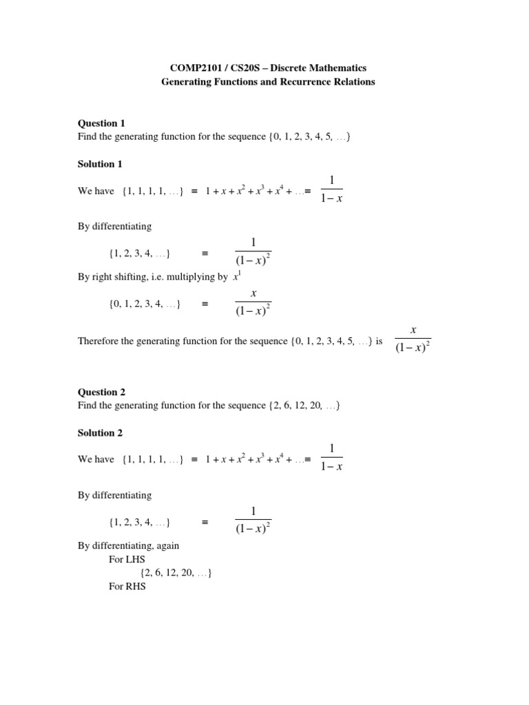 COMP2101 / CS20S - Discrete Mathematics Generating Functions and ...