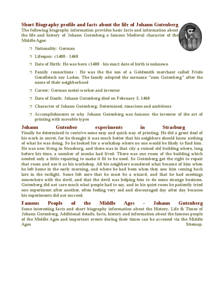 Short Biography Profile and Facts About The Life of Johann Gutenberg | PDF