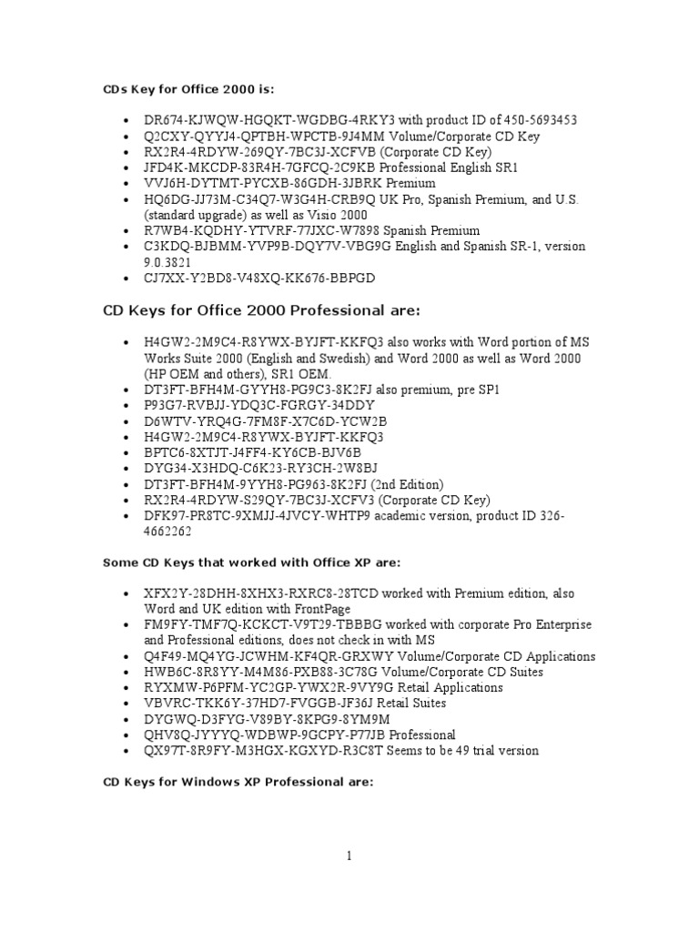 CDs Key For Office 2000 | PDF | Windows Xp | Microsoft Office