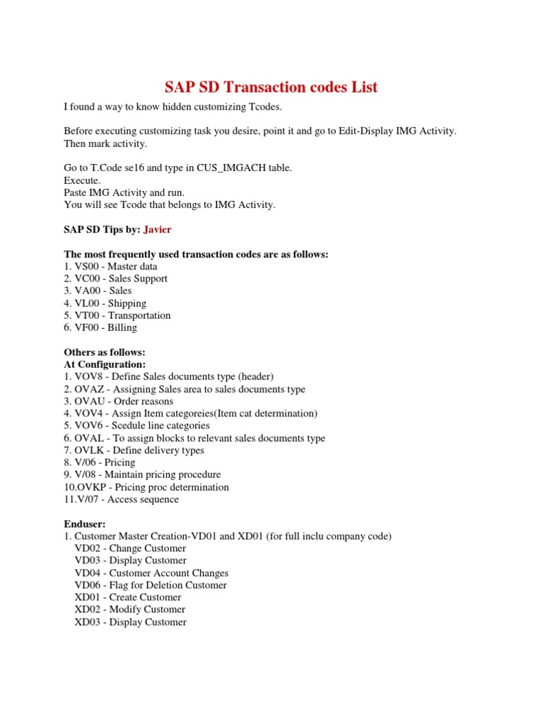 SAP SD Transaction Codes | PDF | Delivery (Commerce) | Sales